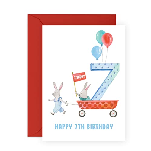 Rabbit Birthday Card for Kids - 7th Birthday Card for Girls and Boys - Age 7 - Bunny Greeting Card for Son Daughter Granddaughter Grandson - Brother or Sister Birthday Card - Central 23