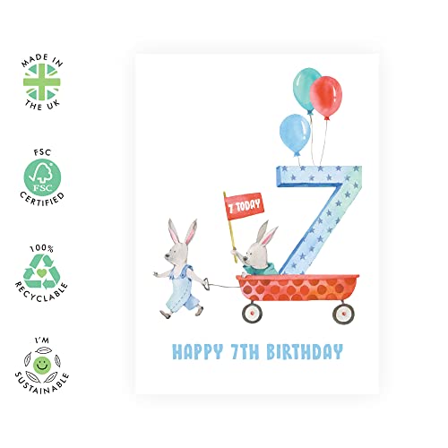 Rabbit Birthday Card for Kids - 7th Birthday Card for Girls and Boys - Age 7 - Bunny Greeting Card for Son Daughter Granddaughter Grandson - Brother or Sister Birthday Card - Central 23