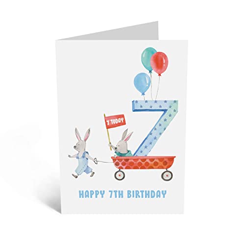 Rabbit Birthday Card for Kids - 7th Birthday Card for Girls and Boys - Age 7 - Bunny Greeting Card for Son Daughter Granddaughter Grandson - Brother or Sister Birthday Card - Central 23