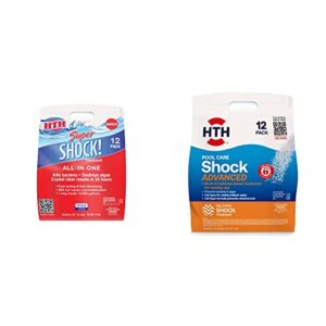 hth 52026 super shock treatment swimming pool chlorine cleaner, 1 lb (pack of 12) & pool care shock advanced, swimming pool chemical prevents bacteria & algae, cal hypo formula, 1 lb (pack of 12)