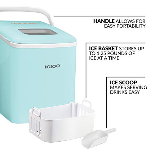 Igloo ICEB26HNAQ Automatic Self-Cleaning Portable Electric Countertop Ice Maker Machine With Handle, 26 Pounds in 24 Hours, 9 Ice Cubes Ready in 7 minutes, With Ice Scoop and Basket, Aqua