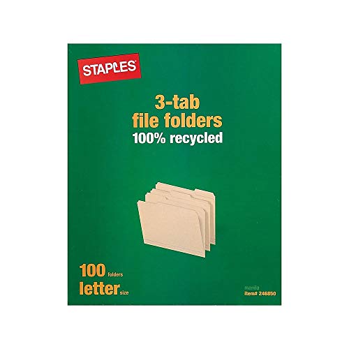 Staples 246850 100% Recycled Manila File Folders Letter 3-Tab 100/Box (246850)