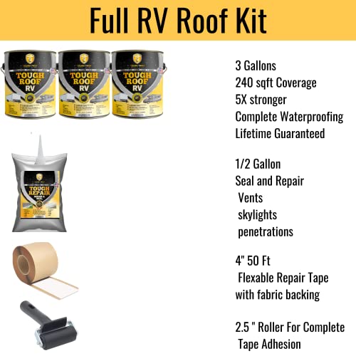 Tough Tech Coatings Tough Roof RV Coating kit - Permanent RV Roof Waterproofing Kit - for RVs, & Trailers Roofs Up to 25 FT Long - No Primer Required - 87% Solar Reflective - 3.5 Gal White