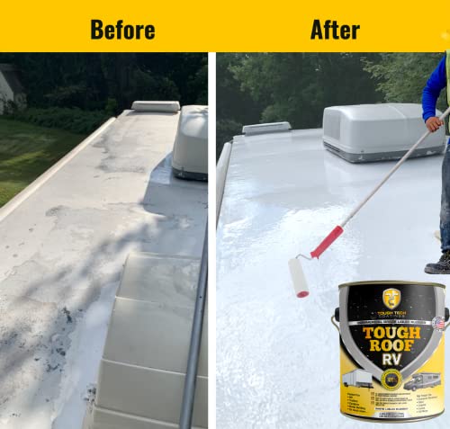 Tough Tech Coatings Tough Roof RV Coating kit - Permanent RV Roof Waterproofing Kit - for RVs, & Trailers Roofs Up to 25 FT Long - No Primer Required - 87% Solar Reflective - 3.5 Gal White