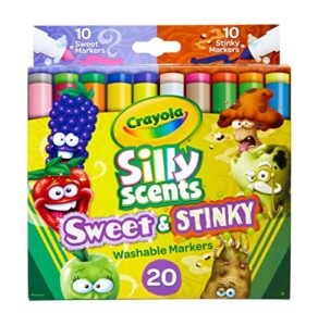 crayola silly scents sweet & stinky scented markers, 20count, washable markers, gift for kids, age 3, 4, 5, 6