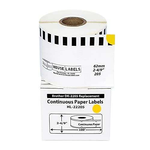 HOUSELABELS Compatible with DK-2205 Replacement Roll for Brother QL Label Printers; Yellow Continuous Length Labels; 2-4/9" x 100 feet (62mm*30.48m) - 6 Rolls