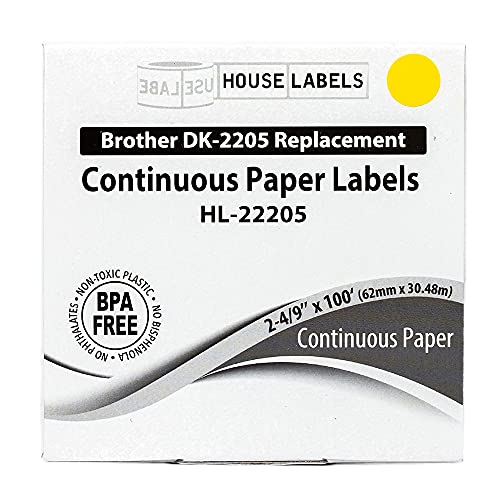 HOUSELABELS Compatible with DK-2205 Replacement Roll for Brother QL Label Printers; Yellow Continuous Length Labels; 2-4/9" x 100 feet (62mm*30.48m) - 6 Rolls