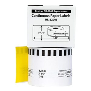 HOUSELABELS Compatible with DK-2205 Replacement Roll for Brother QL Label Printers; Yellow Continuous Length Labels; 2-4/9" x 100 feet (62mm*30.48m) - 6 Rolls