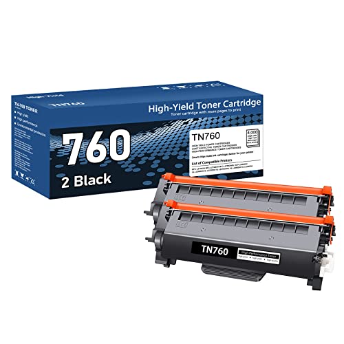 TN760 High Yield Black Toner Cartridge, TN-760 Toner, Page Yield Up to 4,000 Pages, 2 Pack, Replacement for Brother MFC-L2710DW MFC-L2750DW HL-L2370DW HL-L2395DW HL-L2350DW DCP-L2550DW Printer Toner