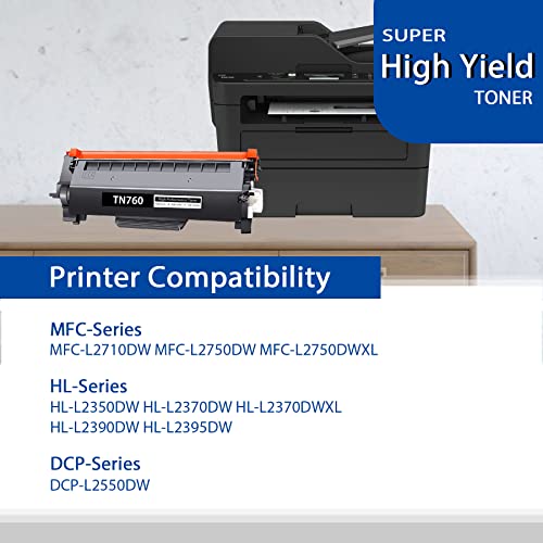 TN760 High Yield Black Toner Cartridge, TN-760 Toner, Page Yield Up to 4,000 Pages, 2 Pack, Replacement for Brother MFC-L2710DW MFC-L2750DW HL-L2370DW HL-L2395DW HL-L2350DW DCP-L2550DW Printer Toner