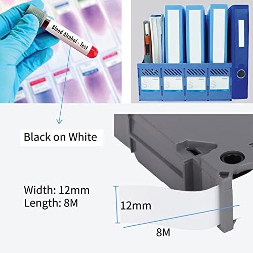 12mm 0.47 Laminated Black on White Label Tape Replacement for TZC231, Label Maker Tape for TZe 131, TZe 231, TZe 431, TZe 531, TZe 631, TZe 731(1Pcs)