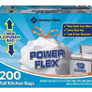 Member's Mark Power Flex Tall Kitchen Drawstring Bags, 200 Count