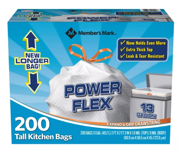 Member's Mark Power Flex Tall Kitchen Drawstring Bags, 200 Count