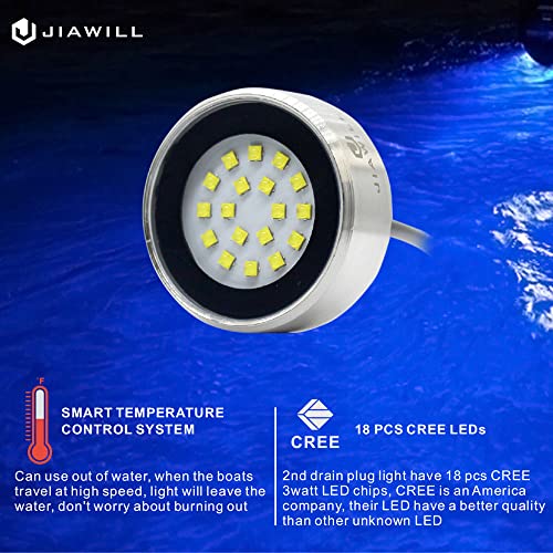 Jiawill Boat Drain Plug Light Smart Control System Use Out of Water DC 9~32V 316L Stainless Steel (Blue)