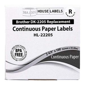 HOUSELABELS Compatible with DK-2205 Replacement Roll for Brother QL Label Printers; Removable Adhesive Continuous Length Labels; 2-4/9" x 100 feet (62mm*30.48m) with 1 Reusable Cartridge - 2 Rolls