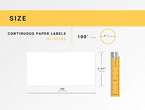 HOUSELABELS Compatible with DK-2205 Replacement Roll for Brother QL Label Printers; Removable Adhesive Continuous Length Labels; 2-4/9" x 100 feet (62mm*30.48m) with 1 Reusable Cartridge - 2 Rolls