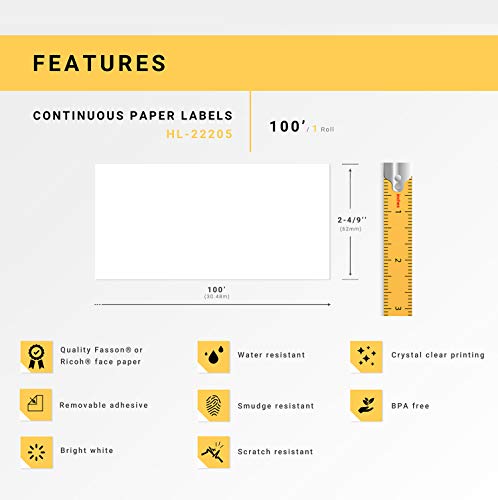 HOUSELABELS Compatible with DK-2205 Replacement Roll for Brother QL Label Printers; Removable Adhesive Continuous Length Labels; 2-4/9" x 100 feet (62mm*30.48m) with 1 Reusable Cartridge - 2 Rolls