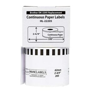 HOUSELABELS Compatible with DK-2205 Replacement Roll for Brother QL Label Printers; Removable Adhesive Continuous Length Labels; 2-4/9" x 100 feet (62mm*30.48m) with 1 Reusable Cartridge - 2 Rolls