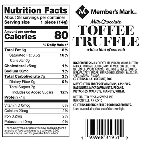 Member's Mark Milk Chocolate Toffee Truffle with Sea Salt (19 oz.), 38 Count (Pack of 1)