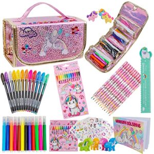 fruit scented markers set with unicorn glitter pencil case, marker, color pencils, crayons, glitter pastel pen, unicorn coloring pages, drawing doodling, art supplies for girls ages 4-6-8-12