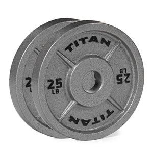 titan fitness 25 lb cast iron olympic plates, sold in pairs, classic weight plate design, silver hammer finish