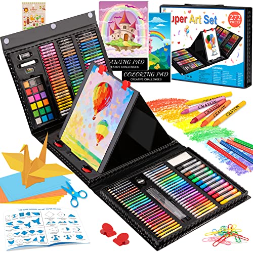 Art Supplies, 272 Pack Art Set Drawing Kit for Girls Boys Teens Artist, Deluxe Gift Art Box with Trifold Easel, Origami Paper, Coloring Book, Drawing Pad, Pastels, Crayons, Pencils, Watercolors(Black)