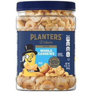 planters deluxe salted whole cashews, party snacks, plant-based protein 33oz (1 container)