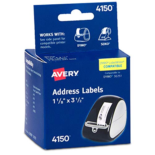 AVERY Multi-Purpose Labels for Label Printers, 1.125 x 3.5 Inches, White, Two Rolls of 130 (04150), 1 1/8" x 3 1/2"