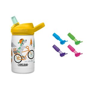 camelbak eddy+ kids 12 oz bottle, insulated stainless steel with straw cap – leak proof when closed,biking dogs & camelbak eddy kids bite valves, 4-pack