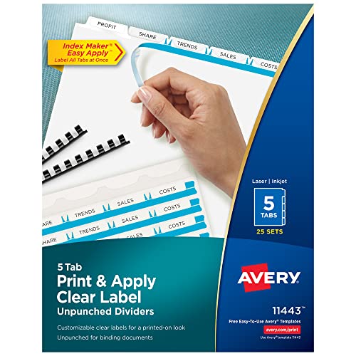 Avery 5 Tab Unpunched Dividers for Use with Any Binding System, Easy Print & Apply Clear Label Strip, Index Maker Customizable White Tabs, 25 Sets (11443)