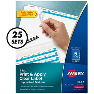 Avery 5 Tab Unpunched Dividers for Use with Any Binding System, Easy Print & Apply Clear Label Strip, Index Maker Customizable White Tabs, 25 Sets (11443)