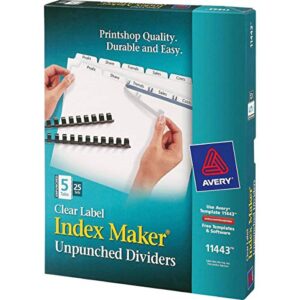 Avery 5 Tab Unpunched Dividers for Use with Any Binding System, Easy Print & Apply Clear Label Strip, Index Maker Customizable White Tabs, 25 Sets (11443)