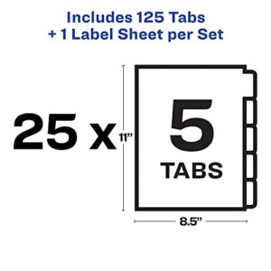 Avery 5 Tab Unpunched Dividers for Use with Any Binding System, Easy Print & Apply Clear Label Strip, Index Maker Customizable White Tabs, 25 Sets (11443)