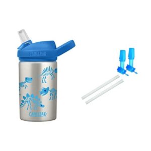 camelbak eddy+ kids water bottle, stainless steel, 14 oz, dino bones – spill-proof when open, leak-proof when closed & eddy kids bottle accessory 2 bite valves/2 straws, ice blue