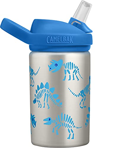 CamelBak Eddy+ Kids Water Bottle, Stainless Steel, 14 oz, Dino Bones - Spill-Proof When Open, Leak-Proof When Closed & Eddy Kids Bottle Accessory 2 Bite Valves/2 Straws, Ice Blue