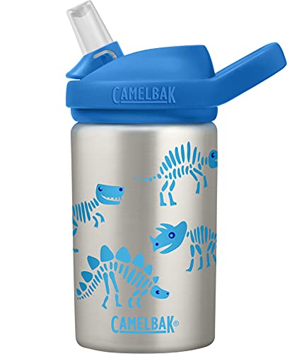 CamelBak Eddy+ Kids Water Bottle, Stainless Steel, 14 oz, Dino Bones - Spill-Proof When Open, Leak-Proof When Closed & Eddy Kids Bottle Accessory 2 Bite Valves/2 Straws, Ice Blue