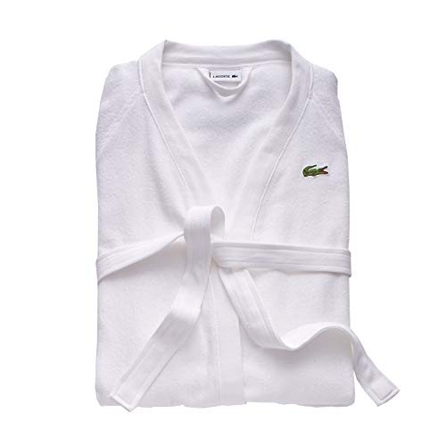 Lacoste Classic Pique 100% Cotton Bath Robe for Men & Women, One Size Fits Most, White