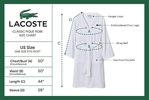 Lacoste Classic Pique 100% Cotton Bath Robe for Men & Women, One Size Fits Most, White