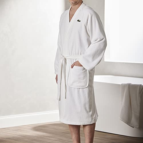 Lacoste Classic Pique 100% Cotton Bath Robe for Men & Women, One Size Fits Most, White