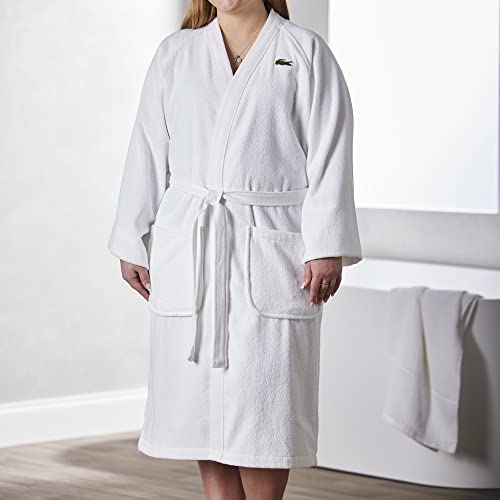 Lacoste Classic Pique 100% Cotton Bath Robe for Men & Women, One Size Fits Most, White