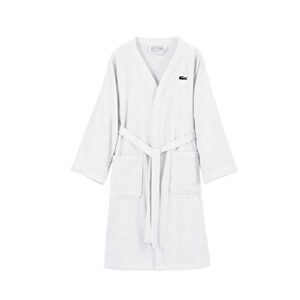 Lacoste Classic Pique 100% Cotton Bath Robe for Men & Women, One Size Fits Most, White