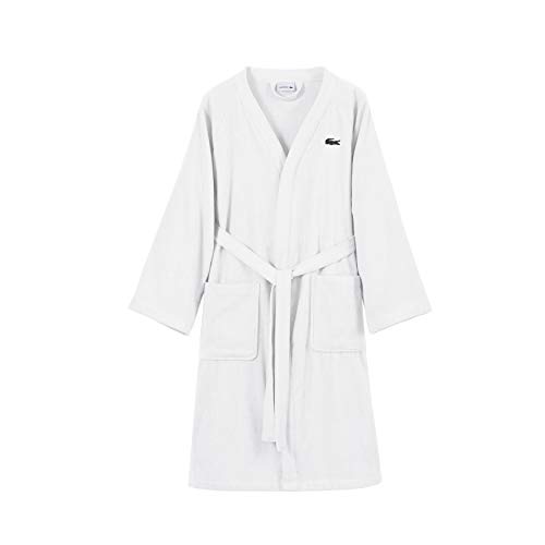 Lacoste Classic Pique 100% Cotton Bath Robe for Men & Women, One Size Fits Most, White