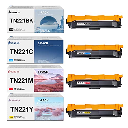 PIONOUS TN221 Compatible TN-221 Toner Cartridge High Yield Replacement for Brother HL-3140CW 3150CDN MFC-9130CW DCP-9015CDW 9020CDN Printer Ink - (4 Pack 1BK+1C+1M+1Y)