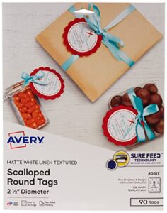 avery printable blank scallop round gift tags with sure feed, 2.5″ diameter, textured white, 90 customizable tags (80511)