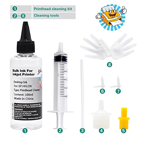 Printhead Cleaning Kit Compatible for Brother Epson HP Canon Nozzle Inkjet EcoTank Officejet Deskjet Pixma Printers-Liquid Printers Head Cleaning Suit Solution 100ml, 5ml Premium Syringe 1PK