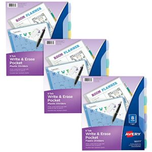 avery write & erase pocket plastic dividers for 3 ring binders, 8-tab sets, multicolor, 3 binder divider sets (31701)