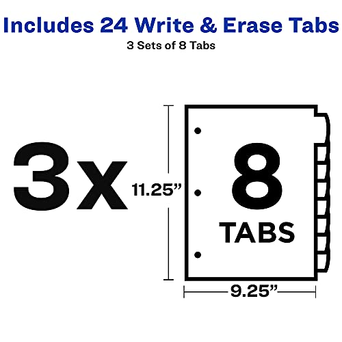 Avery Write & Erase Pocket Plastic Dividers for 3 Ring Binders, 8-Tab Sets, Multicolor, 3 Binder Divider Sets (31701)