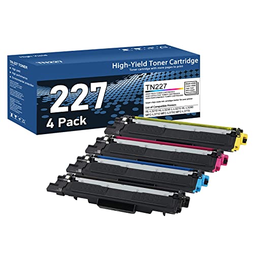 TN227 4-Pack High Yield Toner Cartridge Set TN227BK, TN227C, TN227M, TN227Y, Compatible Replacement for Brother TN227 TN-227 Toner HL-L3270CDW MFC-L3770CDW MFC-L3750CDW HL-L3290CDW HL-L3210CW Printer