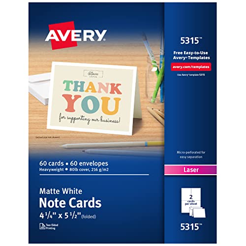 Avery Printable Note Cards, Laser Printers, 60 Cards and Envelopes, 4.25 x 5.5 (5315)