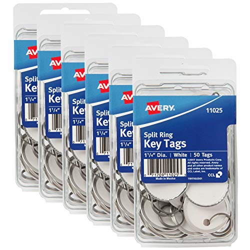 Avery Metal Rim Key Tags 6-Pack, 1.25" Diameter Tag, Metal Split Ring, White, 300 Tags Total (13128)